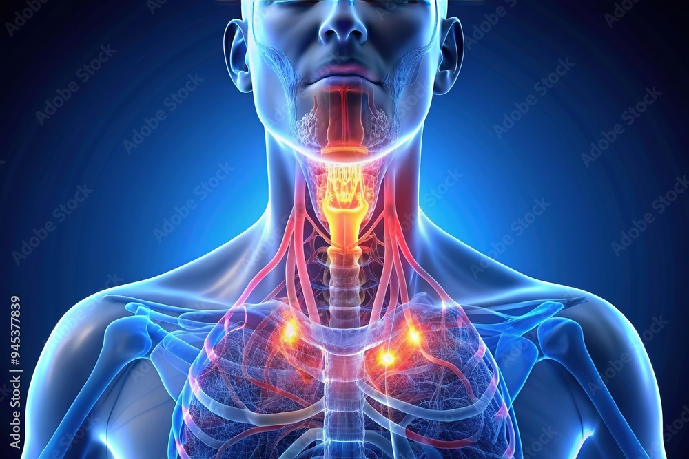 Illuminated 3D illustration of the human thyroid gland, showcasing its ...