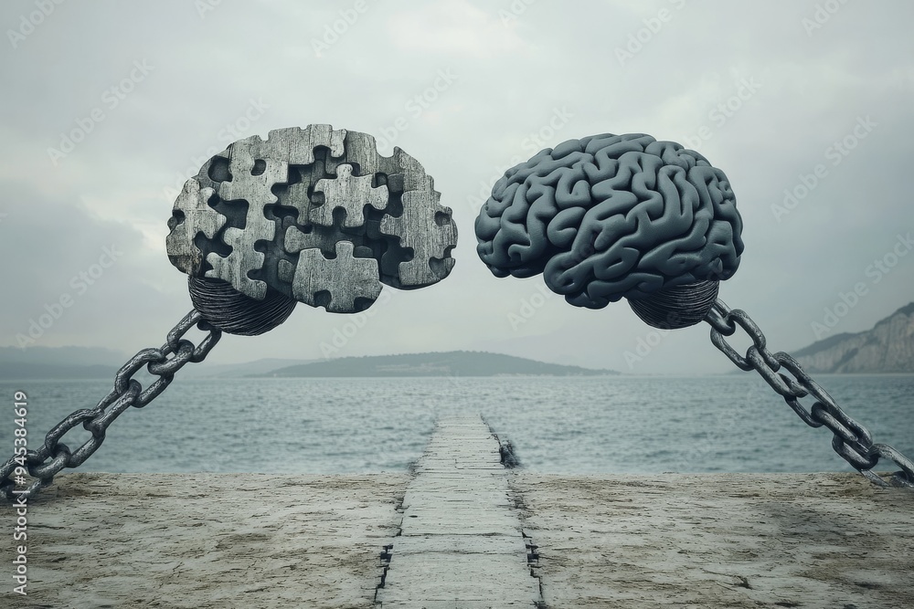 Two human profiles made of puzzle pieces connected by chains symbolize ...