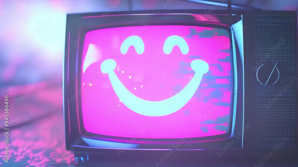 Smiley face displayed on a retro television screen, evoking nostalgia ...