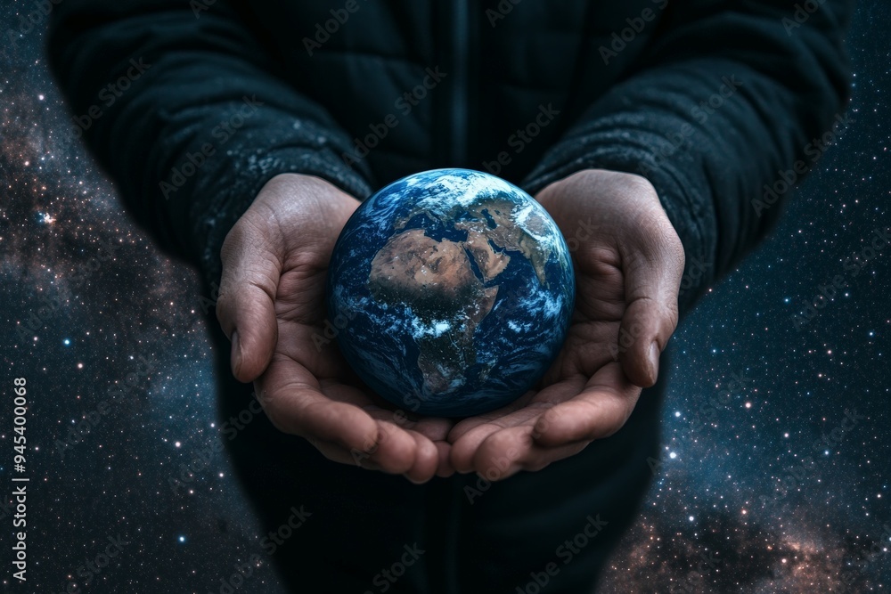 This image captures planet Earth protected in two hands with a striking ...