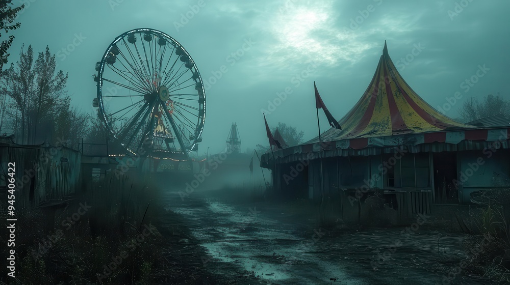 eerie abandoned circus tent illuminated by moonlight tattered flags and ...