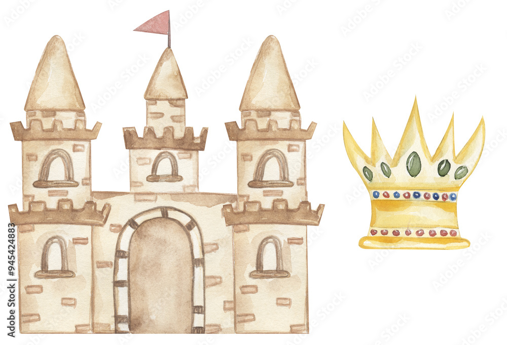 Watercolor queen castle and crown clipart set, hand drawn illustration ...