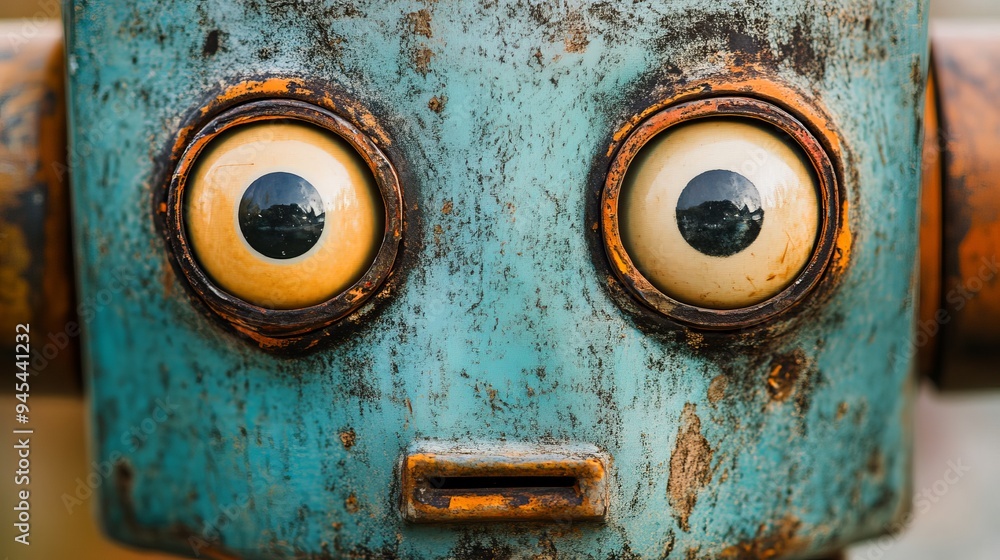 Rusty robot face with large eyes at an industrial site during daylight ...
