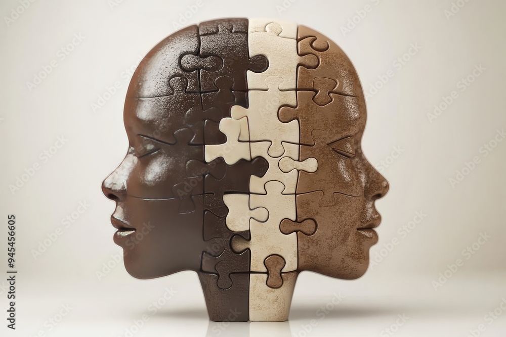 Digital artwork of a head with half human and half puzzle brain ...