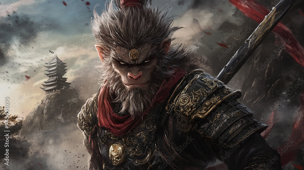 Sun Wukong, the Monkey King, wearing golden armor and sporting spiky ...