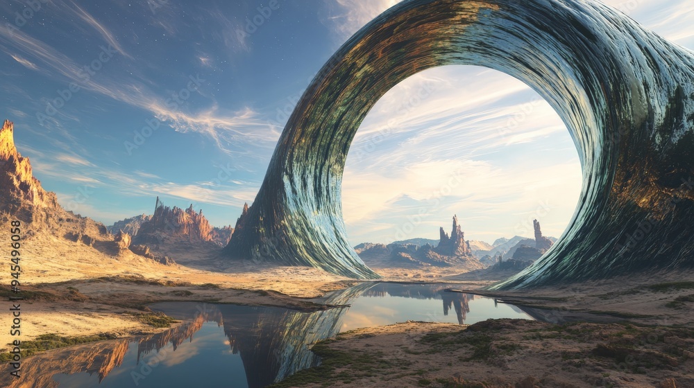 This image features a surreal alien landscape with a colossal, curved ...