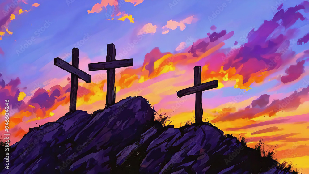 Three empty crosses on Golgotha at sunset in a cartoon style, depicting ...