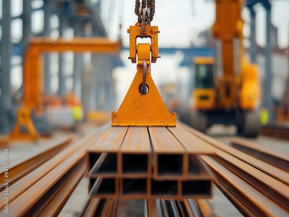 Heavy machinery assembling steel beams for construction, powerful and ...