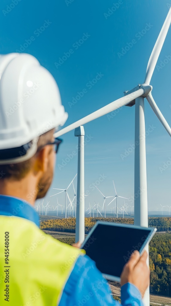 Engineer monitoring wind turbine operations using tablet in a renewable ...