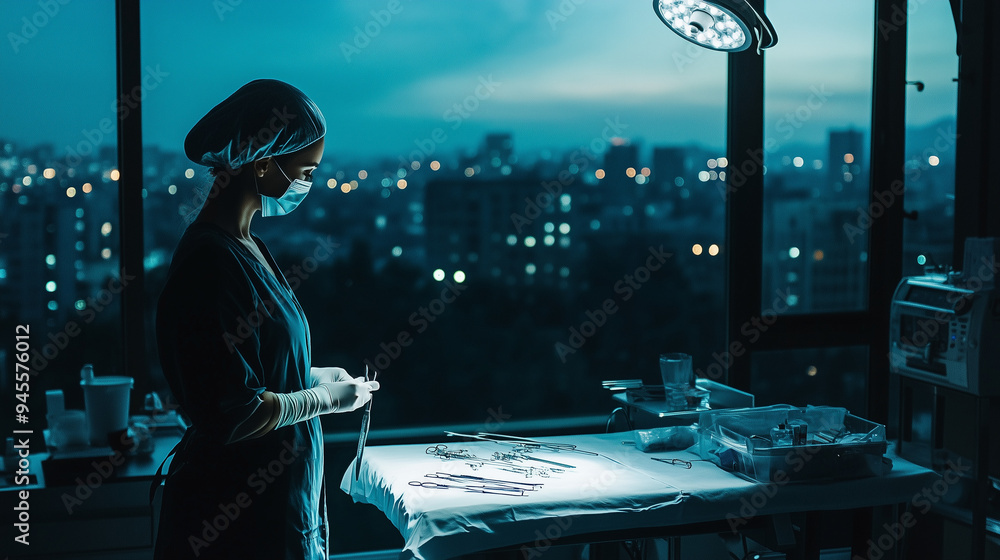 Female Surgeon Specialist standing next to operating table with ...