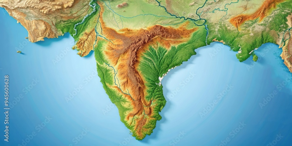 Topographic map of India's Western Ghats featuring detailed rendering and elevation ...