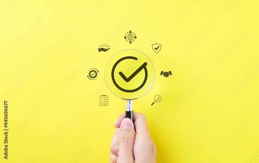 Quality Assurance Concept, Compliance Check Mark. Hand holding ...