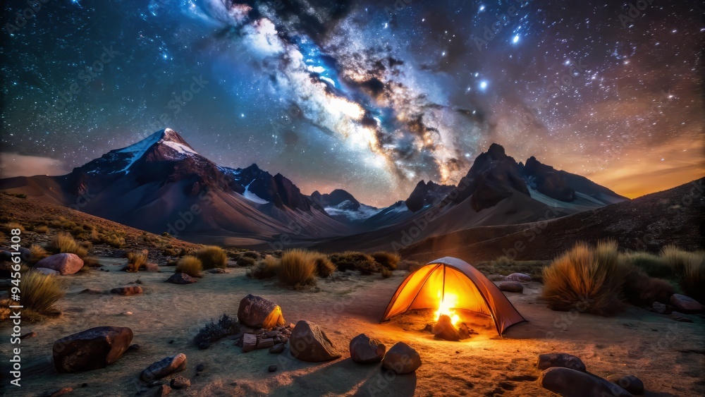 Camping setup at the base of Piedra Volada, with a warm campfire and a ...