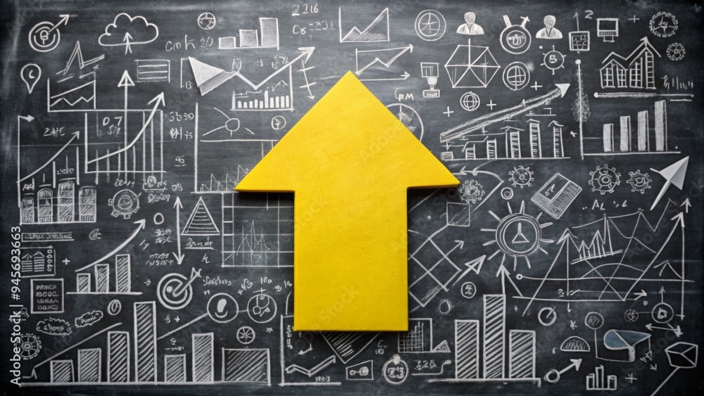 A bright yellow arrow symbol on a chalkboard surrounded by ...