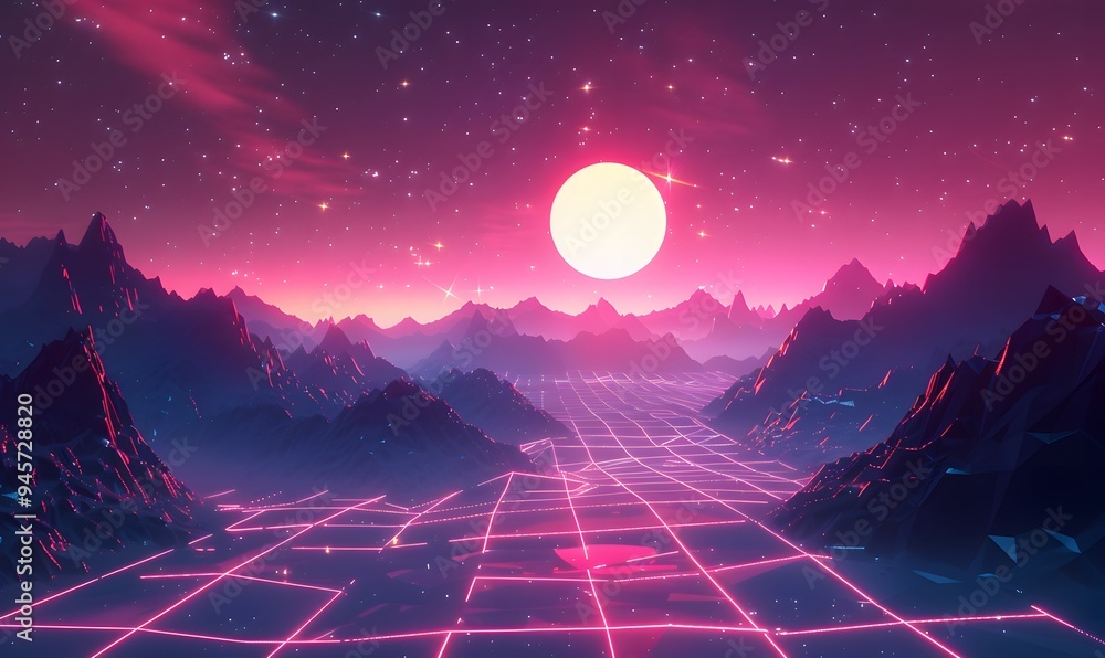 80s retro futuristic sci-fi. Retrowave VJ videogame landscape, neon lights and low poly terrain ...