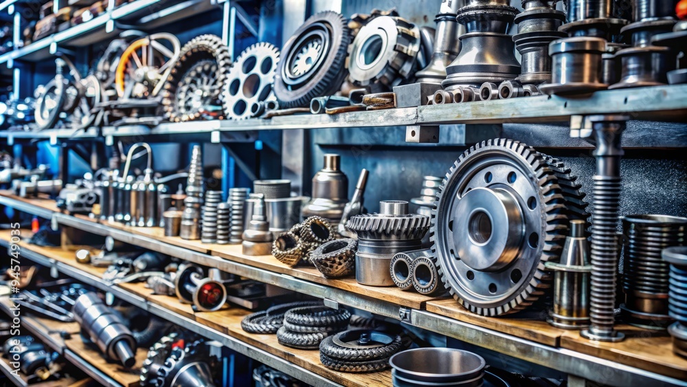 Arranged rows of shiny metal automotive parts and tools on a workshop ...