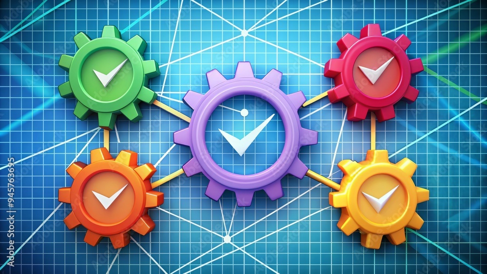 Colorful diagram features five interconnected gears with checkmarks ...