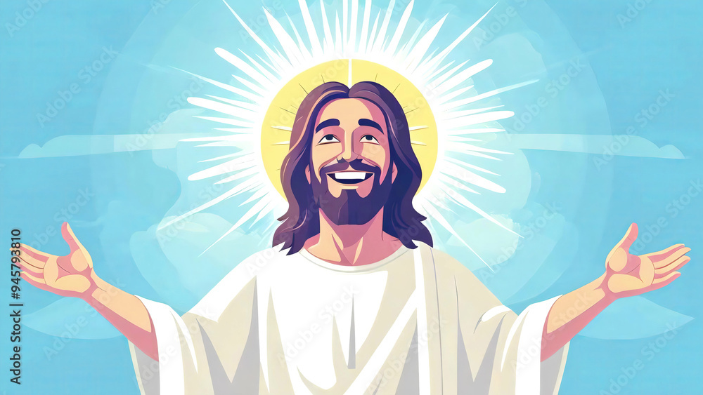 Jesus Christ smiling in a bright sky with rays of light and a halo ...