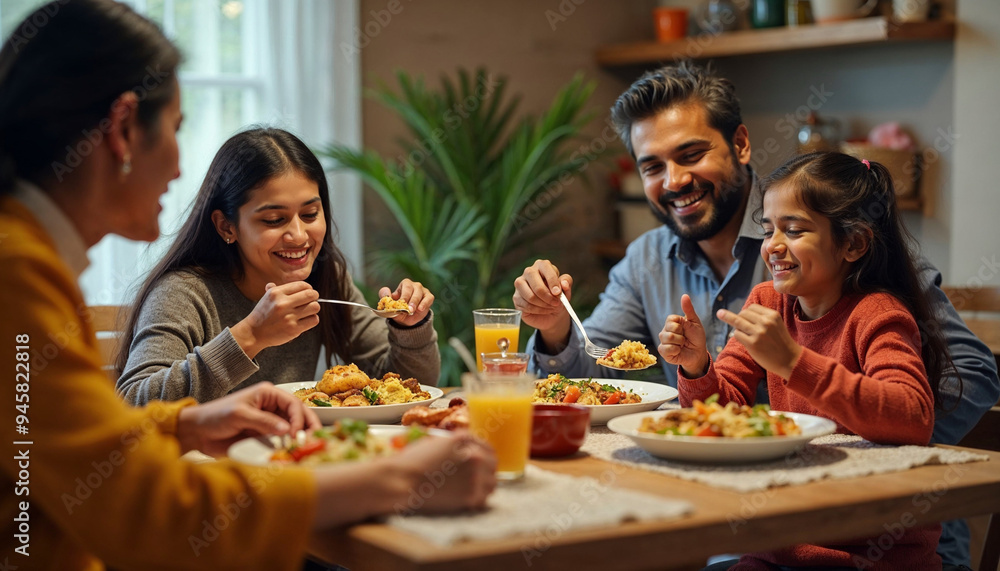 Indian young Family of four eating food at dining table at home or in ...