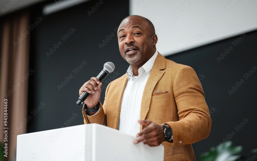 African american man in a suit and jacket is speaking into a microphone ...