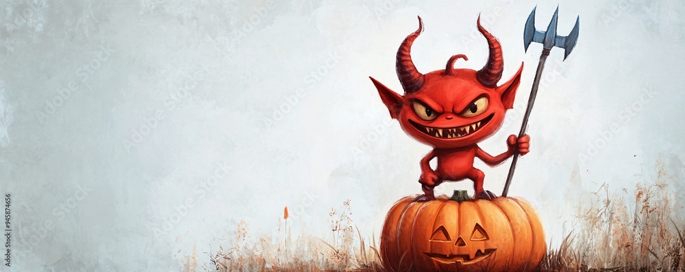 Cartoon devil statue small and playful with a mischievous grin holding ...