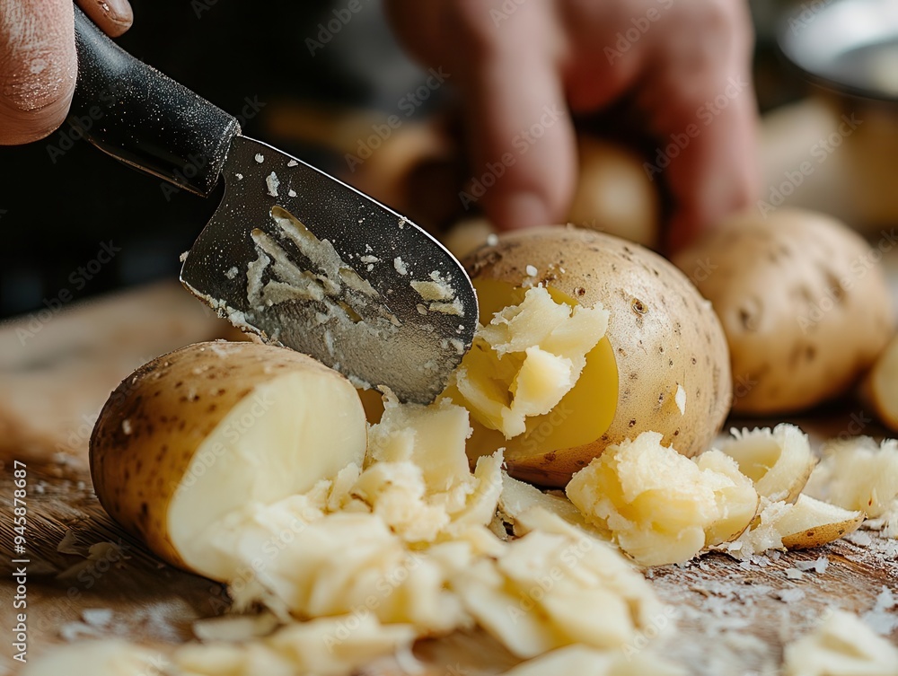 Peeler removing the skin from a potato, with a focus on clean cuts ...