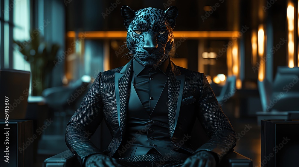 A mysterious figure in a sleek suit and a leopard mask, exuding an air ...
