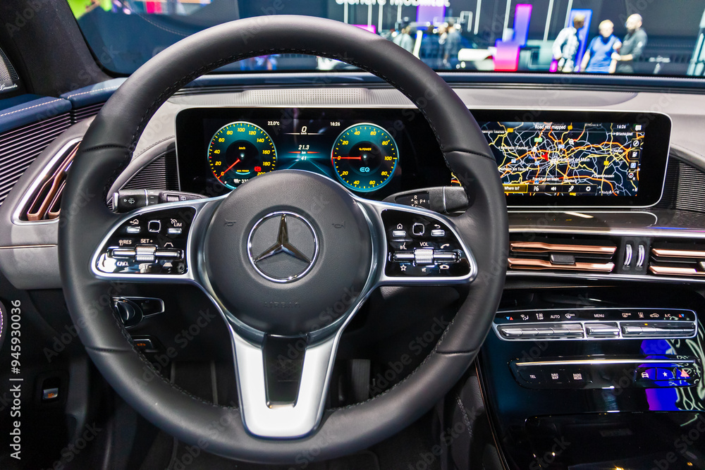 Interior dashboard view of the Mercedes Benz EQC 400 electric SUV car ...