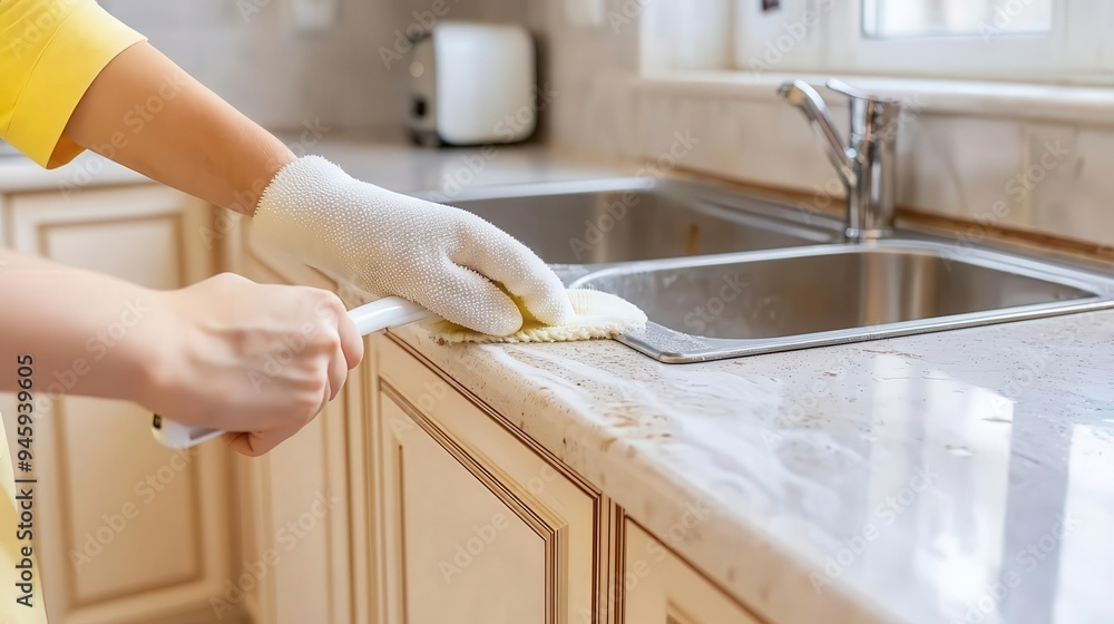 A kitchen deep cleaning scene with a person wiping down greasy cabinets ...
