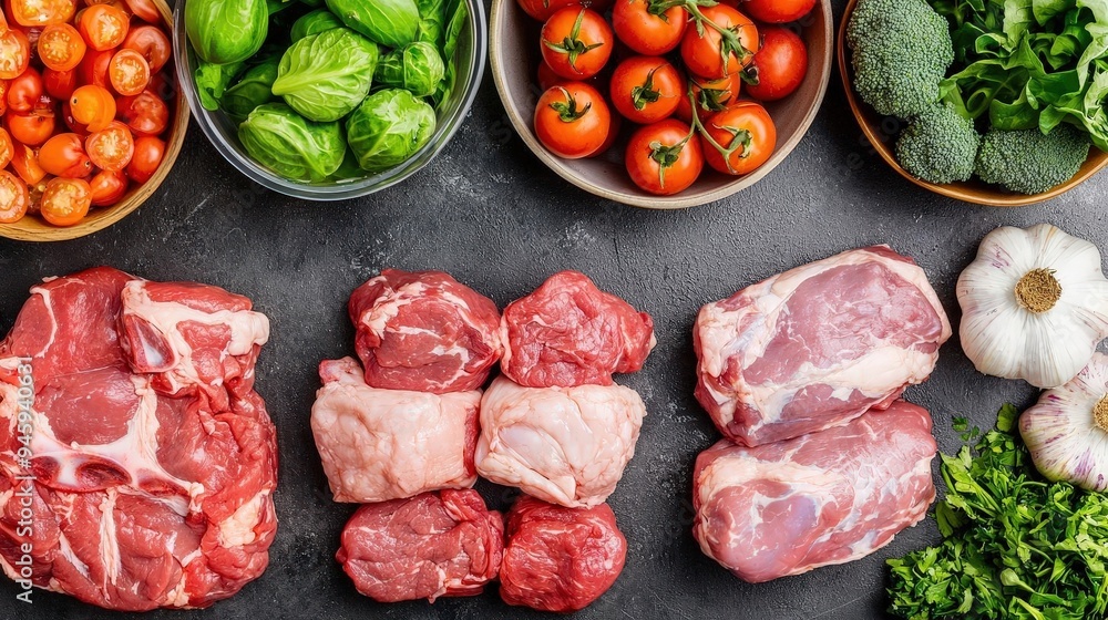 A top down view of a kitchen counter where raw meat and fresh produce ...