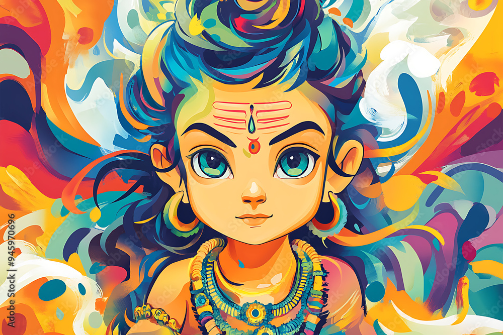 A vibrant cartoon illustration of Lord Shiva's child, beautifully ...