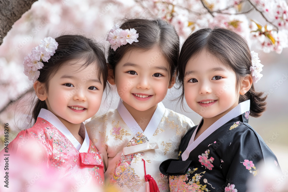Three cute Korean children wearing Hanboks smile and pose for the ...