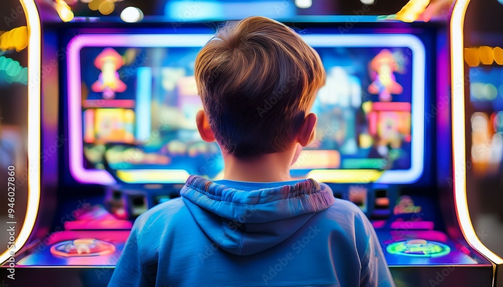 Boy playing arcade machine with neon lights, Back view of boy playing ...