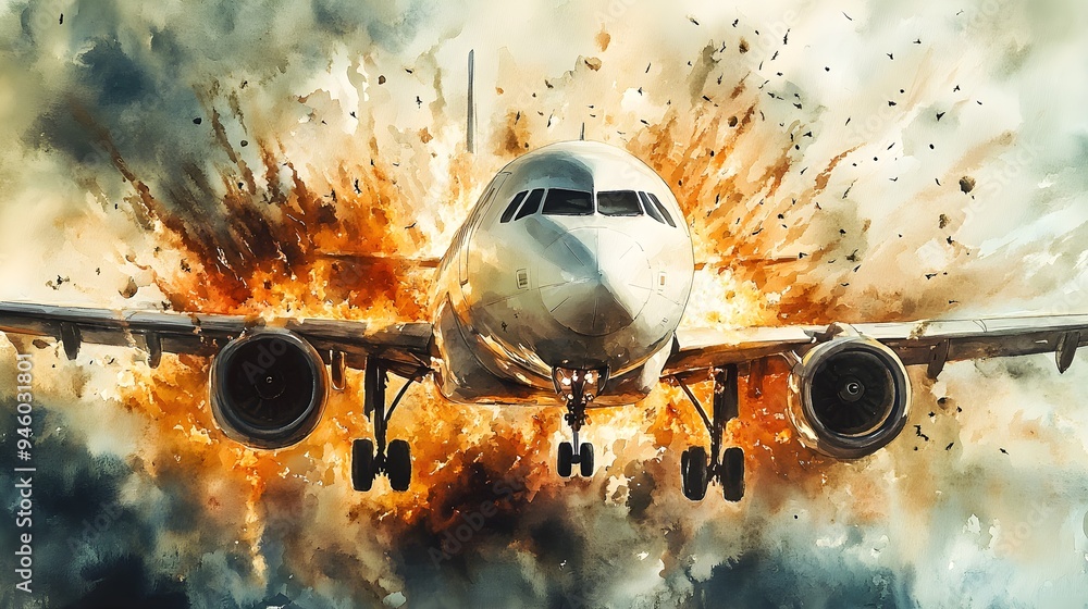 Watercolor illustration of an airplane with engines on fire, intense ...