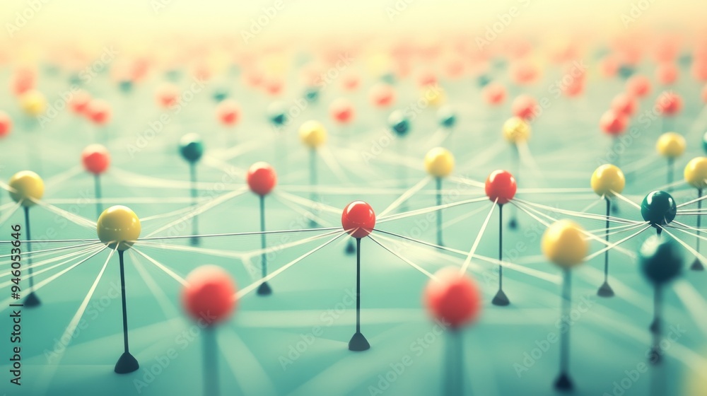 In this image, pins have been colored and connected by lines on a white ...