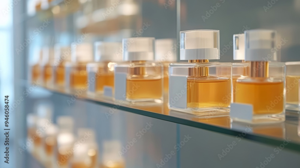 Elegant array of packaged perfumes displayed on a glass shelf in a ...