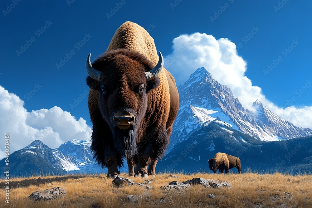 Bison in the heart of the wilderness, depicted in an artwork that ...