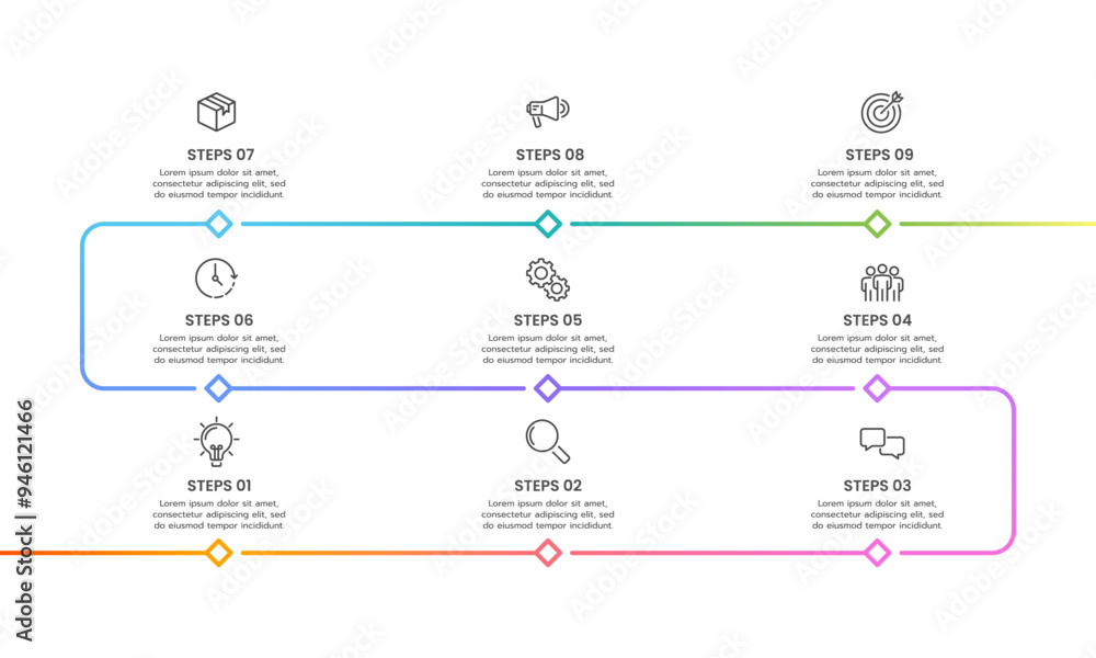 Business infographic timeline design template with 9 steps to success ...