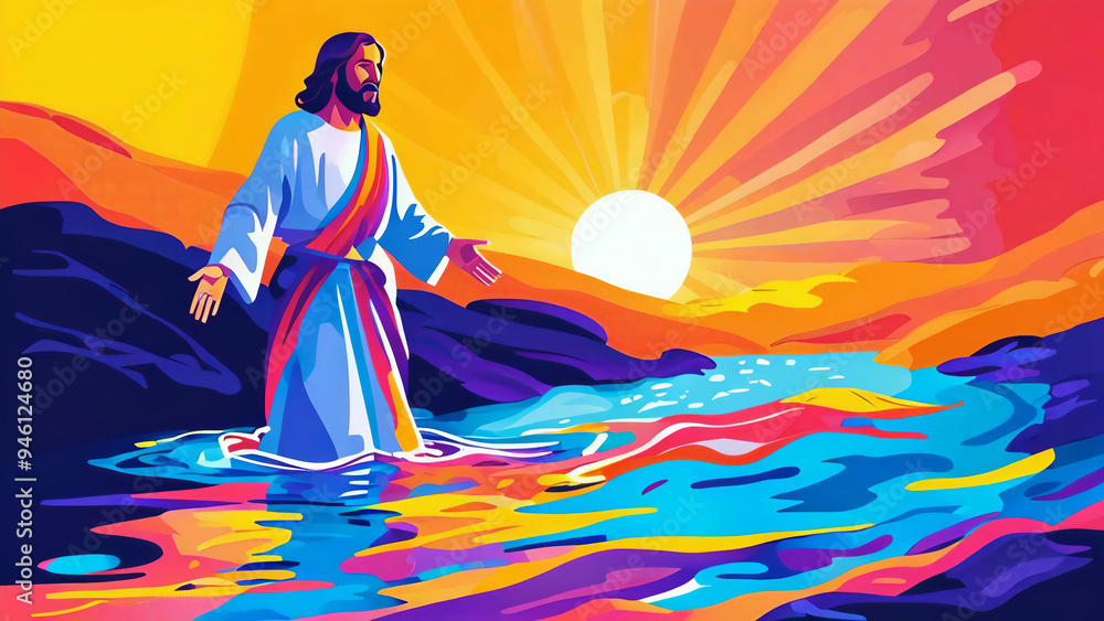 Baptism of Jesus Christ in the Jordan River depicted in a flat cartoon ...