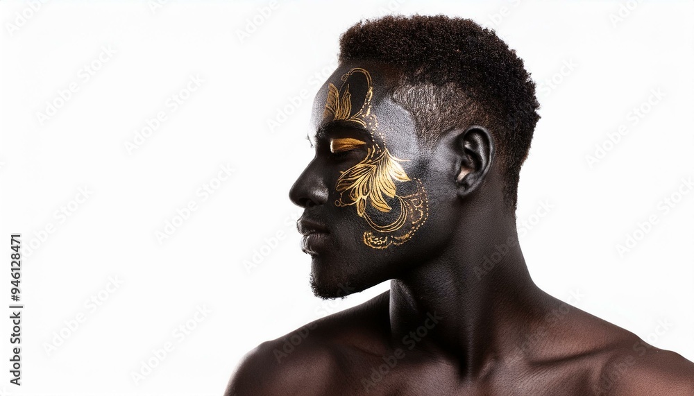 Gold pattern and design on the face of a young man; face painting ...