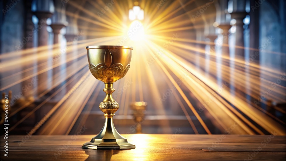 Chalice at the altar with rays of light as priest celebrates mass Stock ...