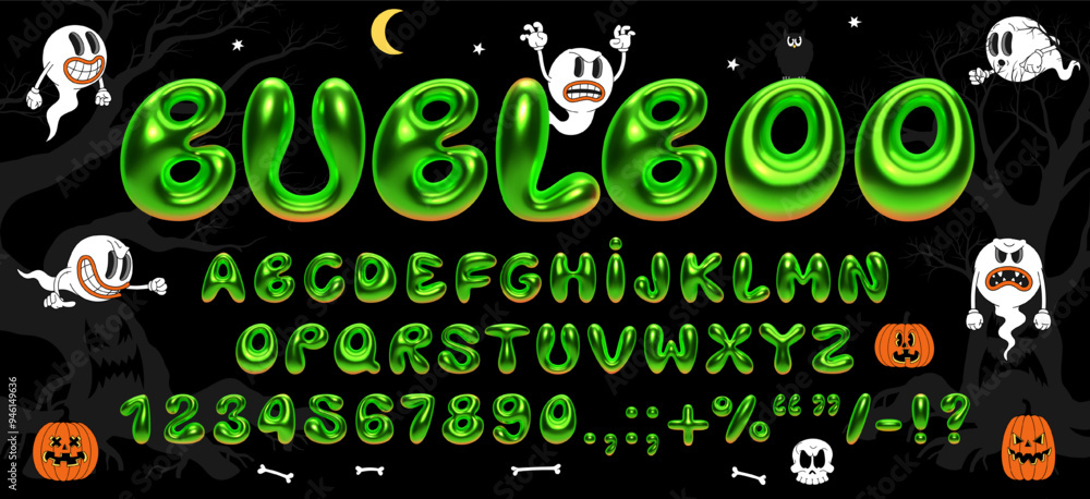 3D Halloween balloon bubble font. Realistic inflated toxic green bold ...