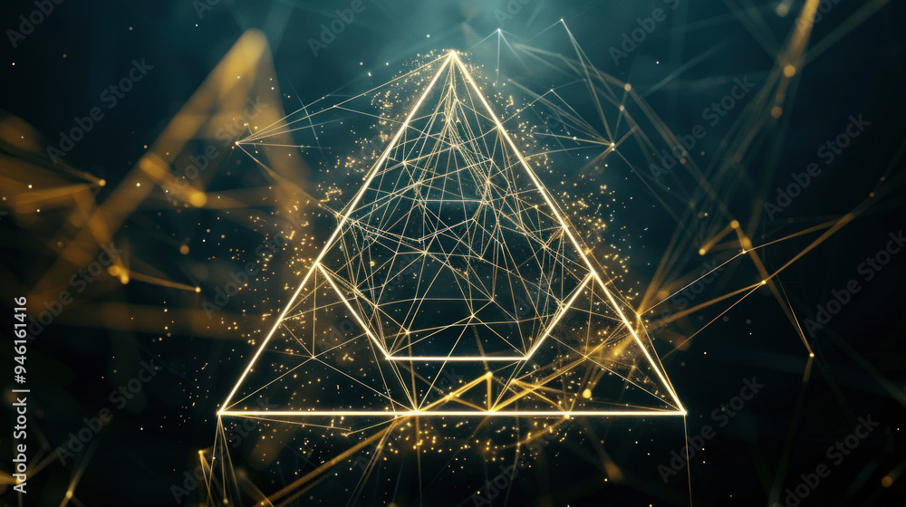 Abstract golden triangle wireframe in 3D rendering, featuring an ...