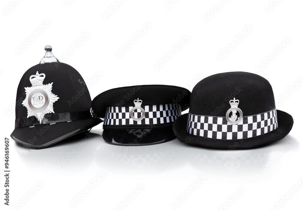 Police officer hats and helmet - law enforcement careers. Headwear of ...