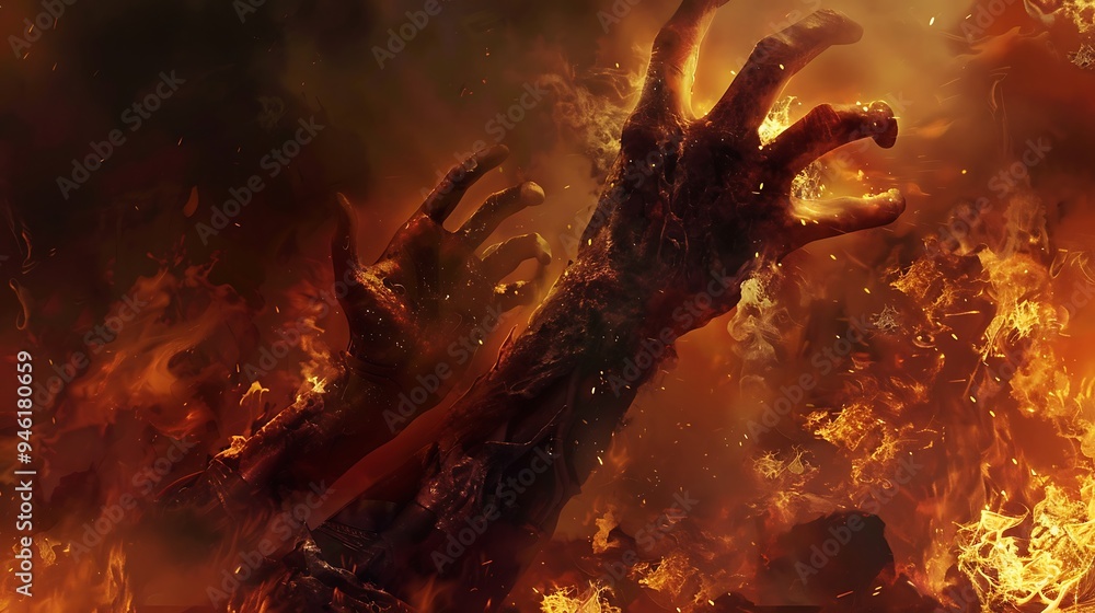 Tormented souls being pulled into fiery pits by clawed hands, desperate ...