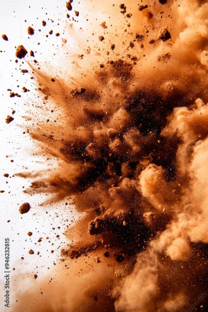 Dramatic explosion of brown dust particles and debris captured in mid ...