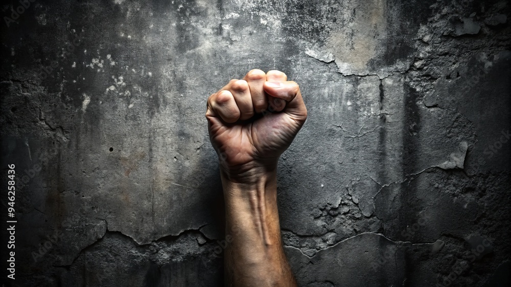 A clenched fist rises defiantly against a dark, gritty, concrete wall ...