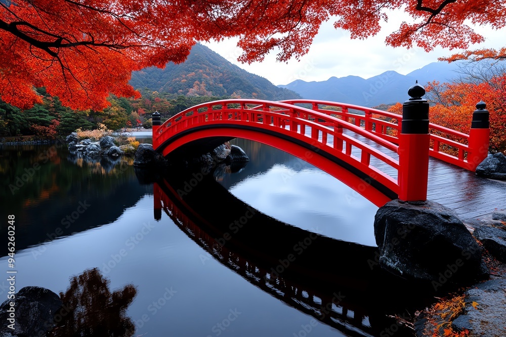 Japanese vermillion bridge arching over a calm river, depicted in an ...
