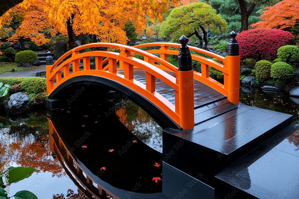 Japanese vermillion bridge in a traditional garden, captured in a photo ...