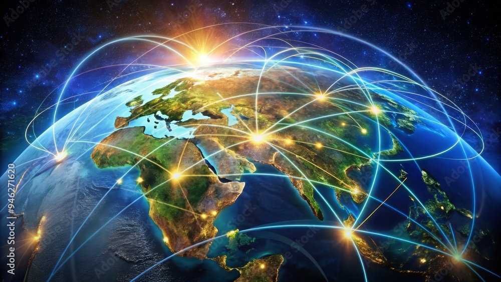 Aerial view of a globe with illuminated routes, a world map, and flight ...